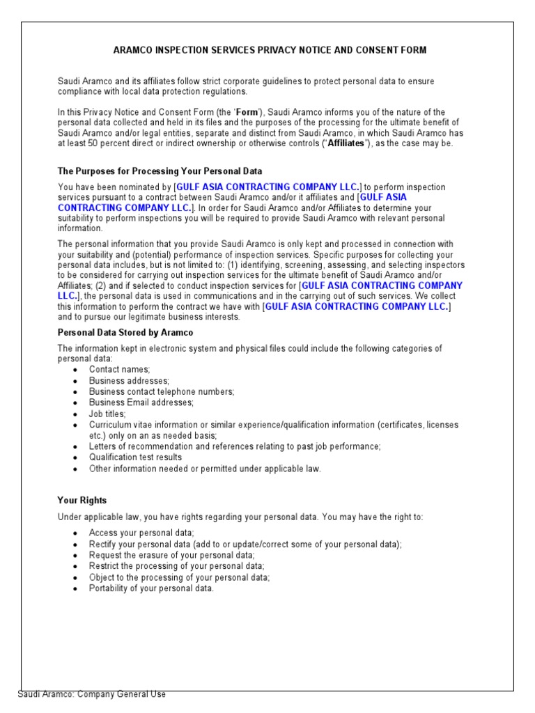 Privacy Notice and Consent Form For Project Contractor Inspectors | PDF ...