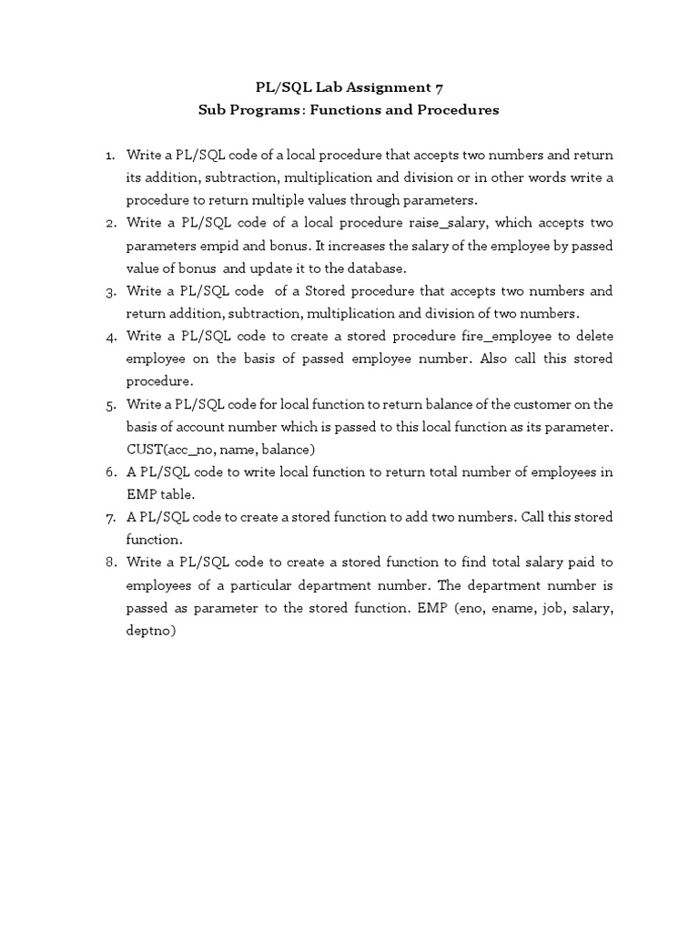 Plsql Lab Assignment 7 Sub Programs Functions And Procedures Pdf Plsql Subroutine 3060