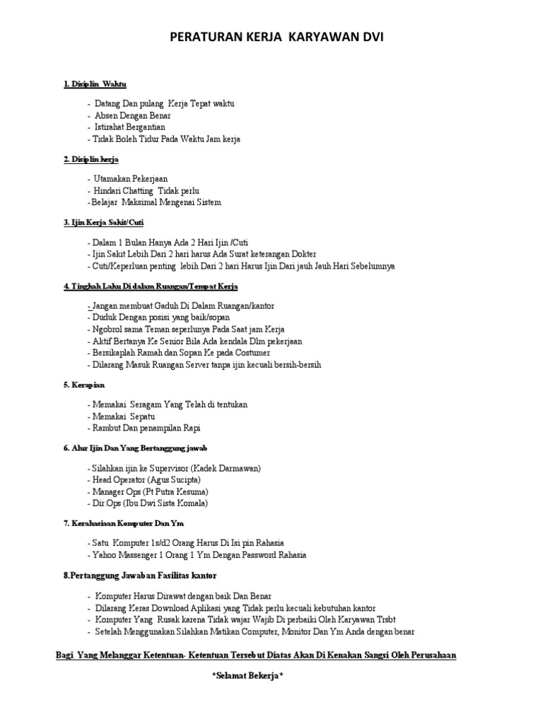 Peraturan Kerja Karyawan Dvi | PDF