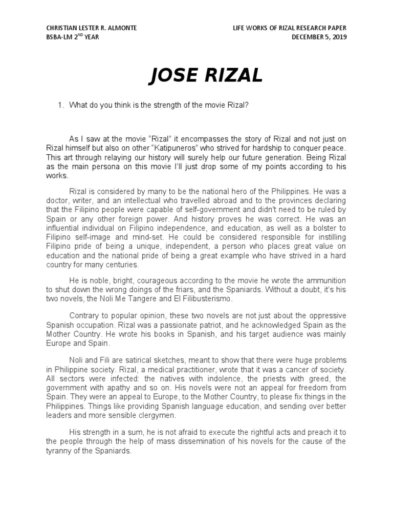 Jose Rizal: Christian Lester R. Almonte Life Works of Rizal Research ...