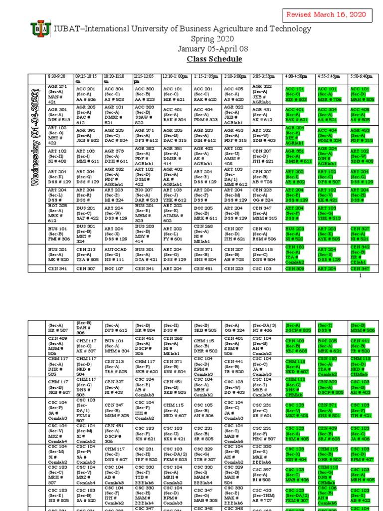 IUBAT Spring 2020 Class Schedule | PDF