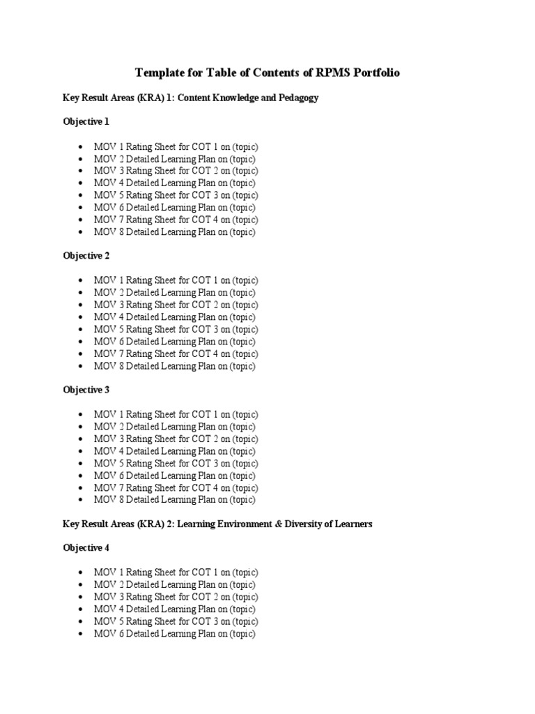 Template For Table of Contents of RPMS Portfolio | PDF | Teaching ...