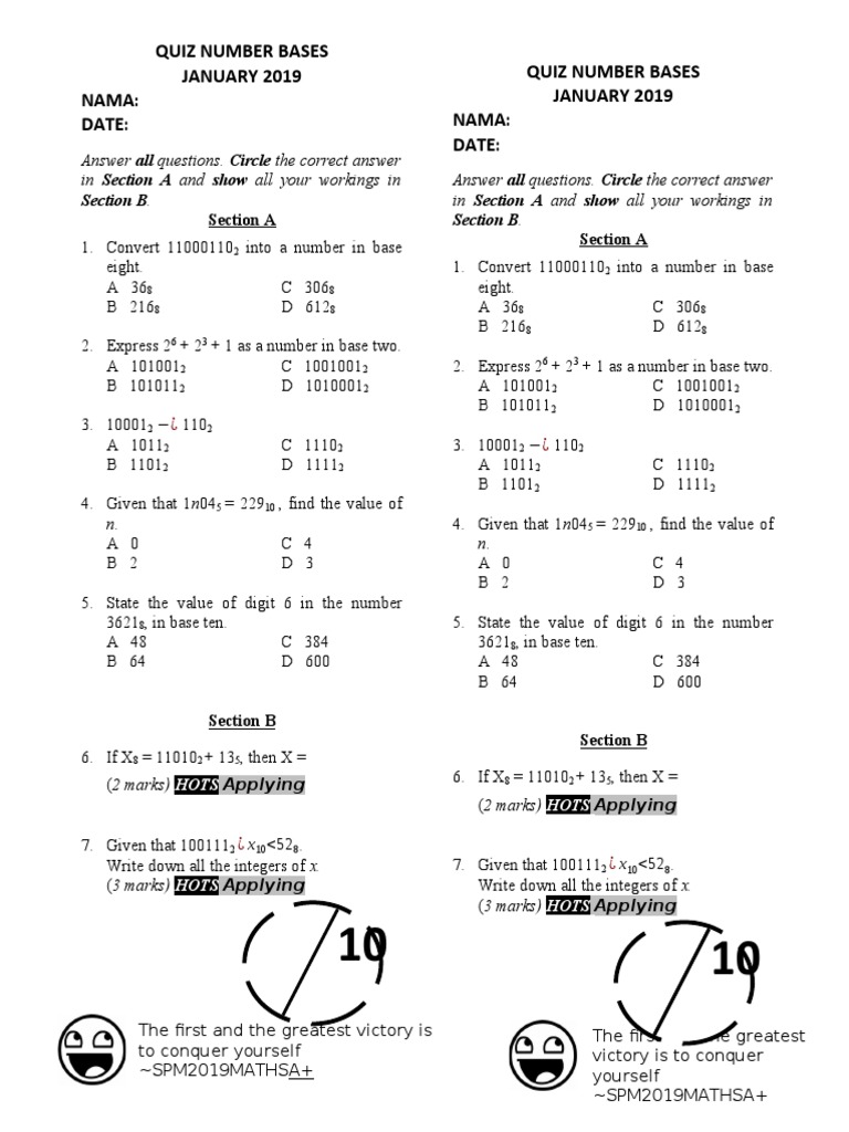 Quiz Number Bases JANUARY 2019 Nama: Date: Quiz Number Bases JANUARY ...