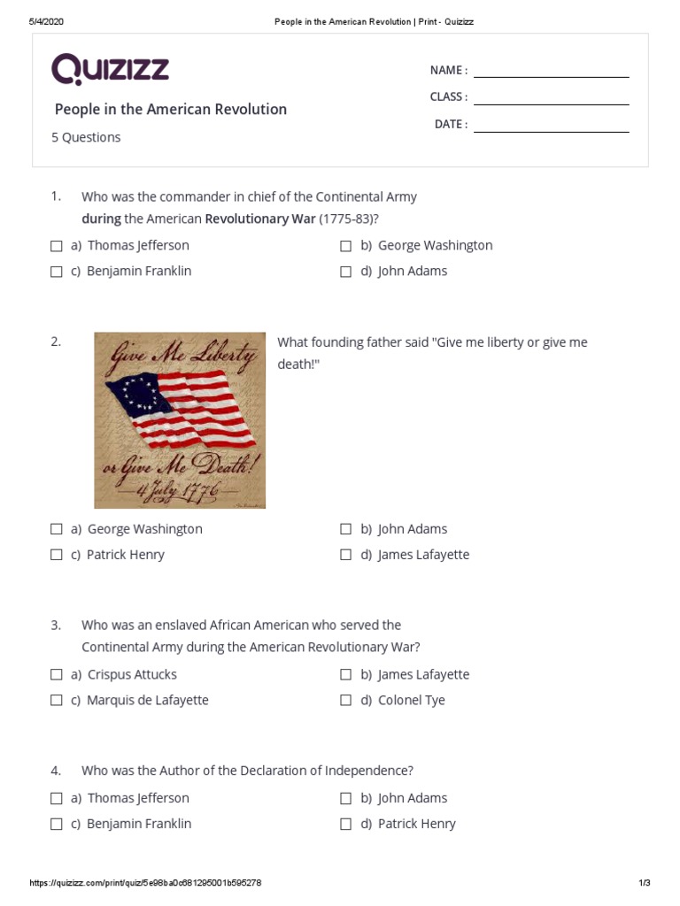People in The American Revolution Print - Quizizz | PDF | Patriot ...