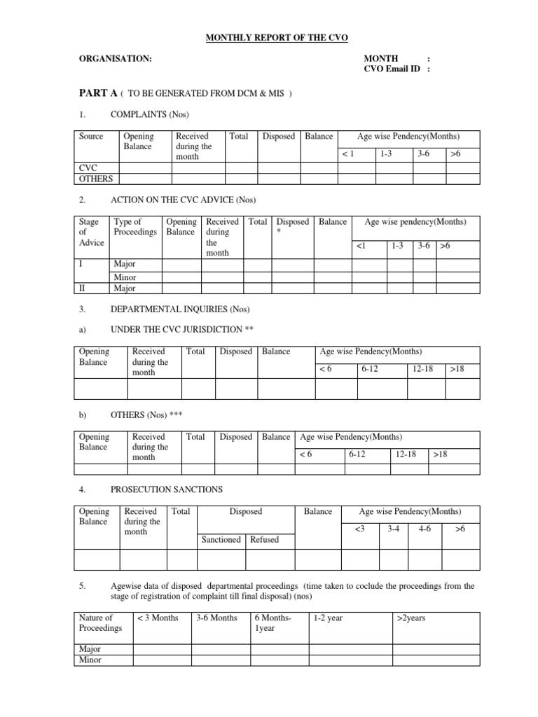 Part A: Monthly Report of The Cvo Organisation: Month: CVO Email ID ...