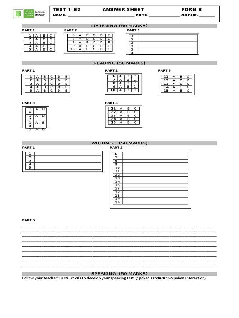 Test 1-E2 Answer Sheet Form B: Listening (50 Marks) | PDF ...