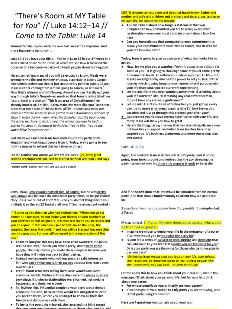 2e Theres Room at MY Table Luke 14 12 14 | PDF | Gospel Of Luke | Jesus