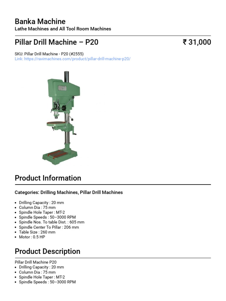 Banka Machine - Pillar Drill Machine - P20 | PDF | Drill | Machining