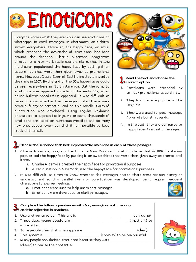 Emoticons Grammar Drills Reading Comprehension Exercises Tes - 78480 ...