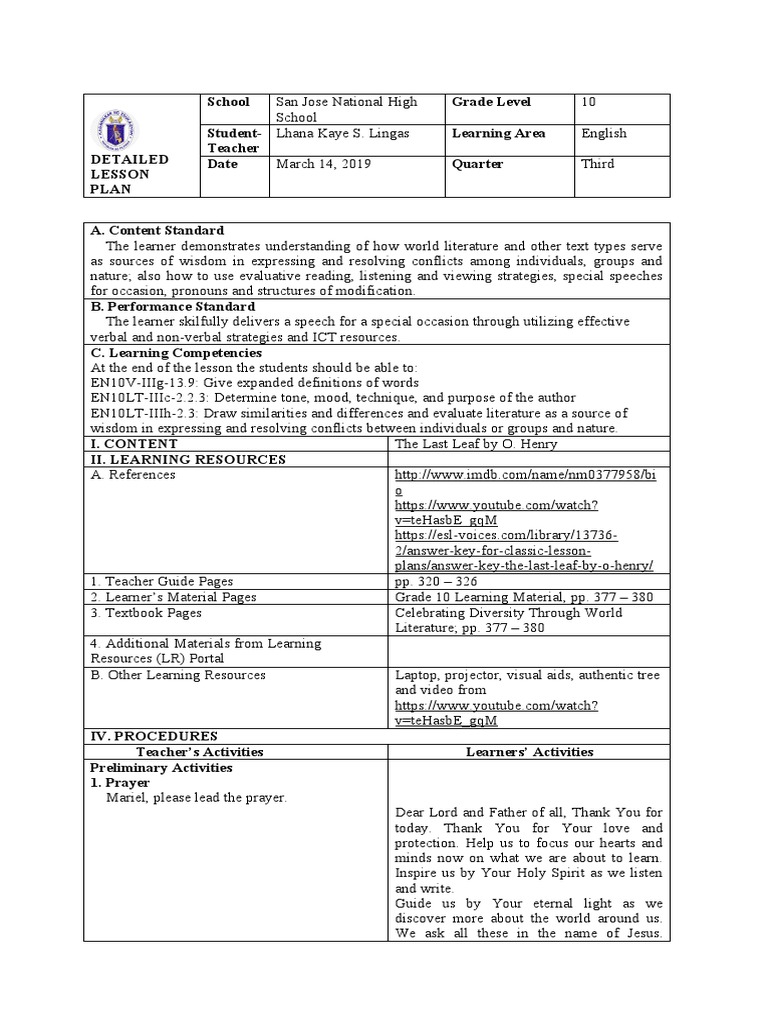 DETAILED LESSON PLAN Ranking | PDF | Psychological Concepts | Cognition