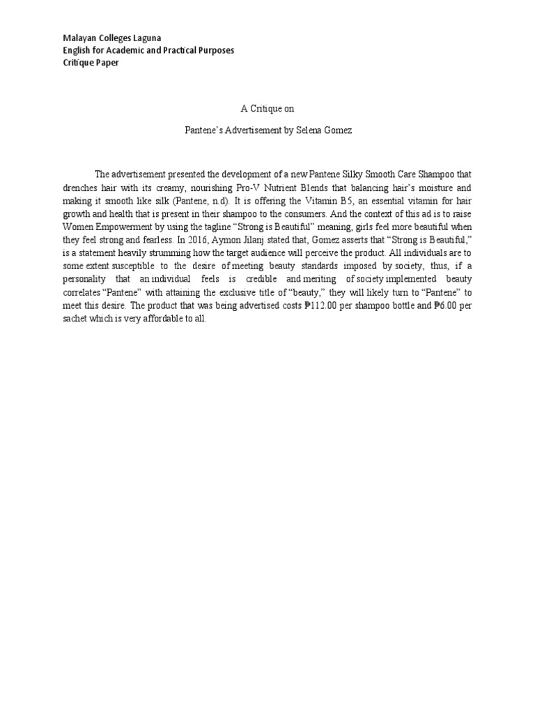 A Critique On Pantene's Advertisement by Selena Gomez | PDF