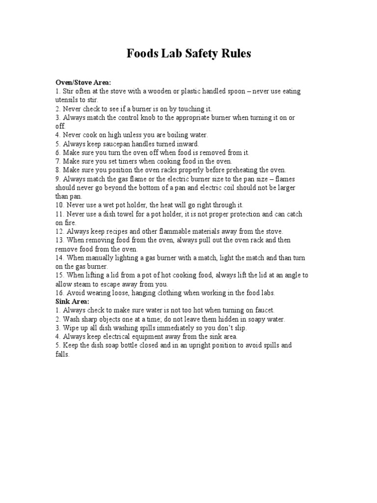 Foods Lab Safety Rules | PDF | Oven | Cookware And Bakeware