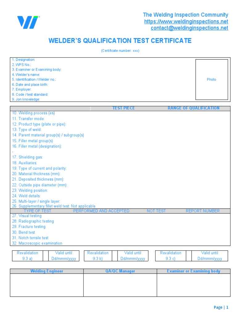 Welder'S Qualification Test Certificate: The Welding Inspection ...