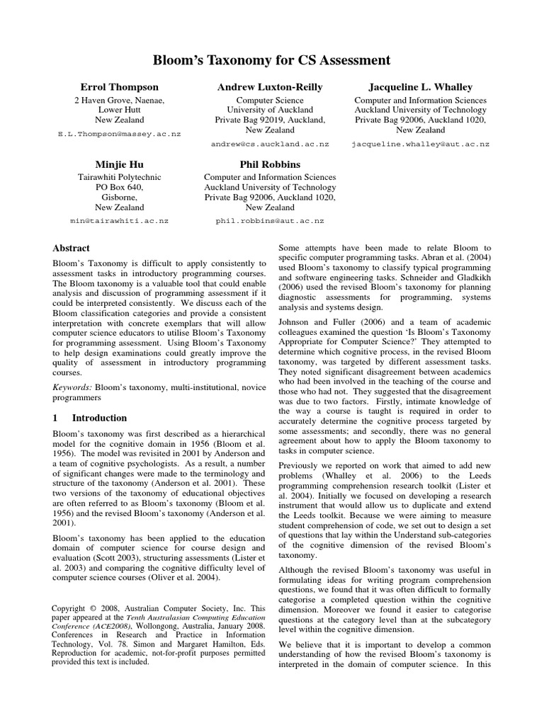 Bloom's Taxonomy For CS Assessment: Errol Thompson Andrew Luxton-Reilly ...