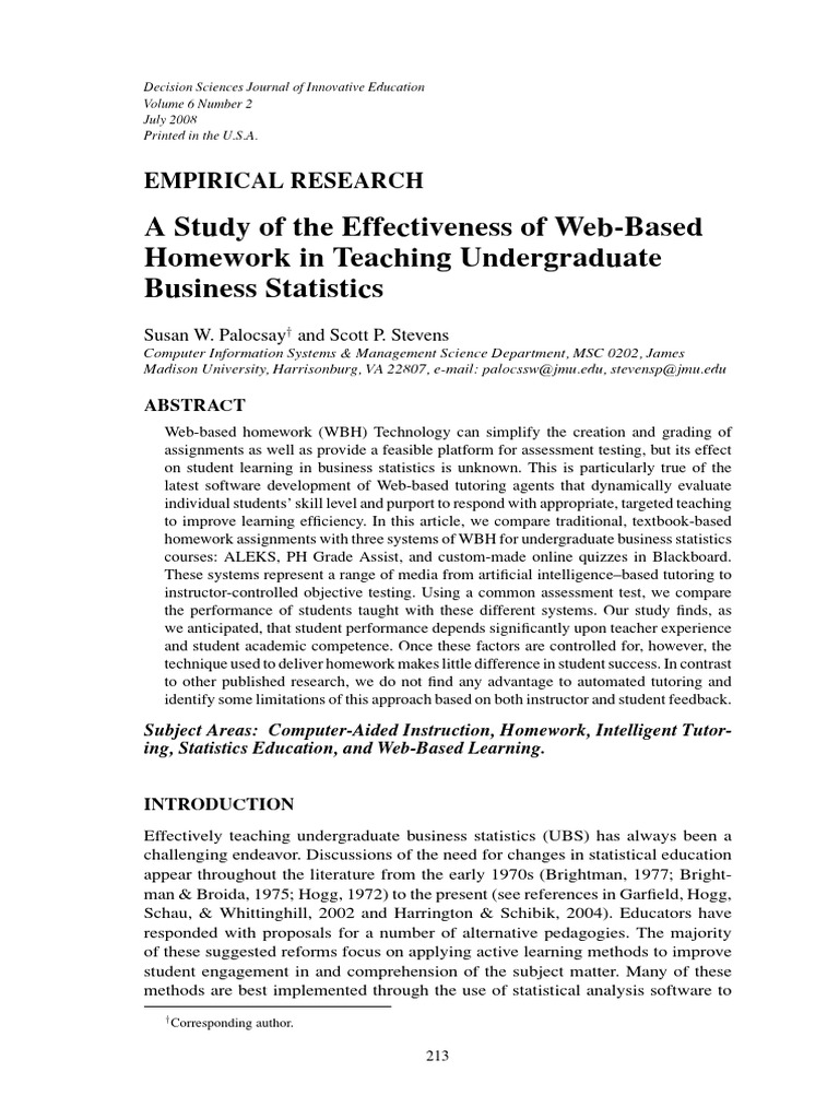 A Study of The Effectiveness of Web-Based Homework in Teaching Undergraduate Business Statistics ...