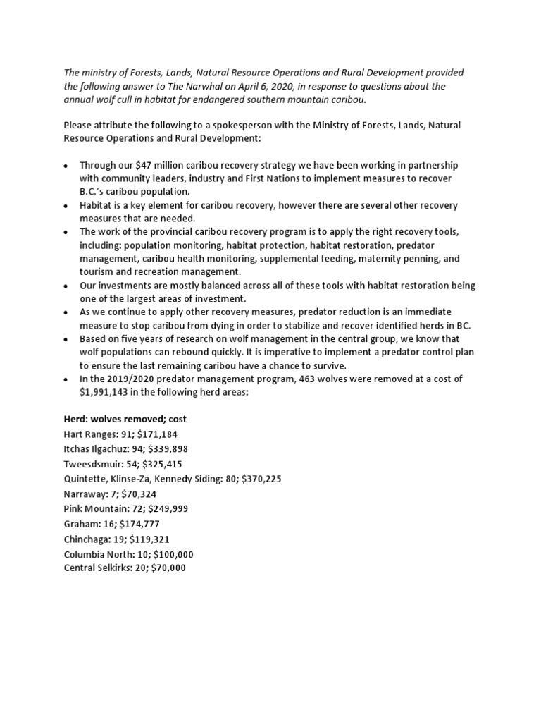 Information From The B.C. Government About The B.C. Wolf Cull in 2019 ...