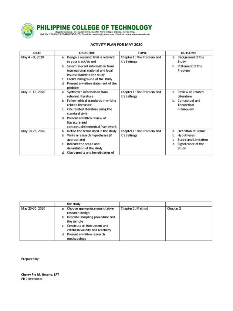 Activity Plan For May 2020: Date Objective Topic Outcome | PDF ...