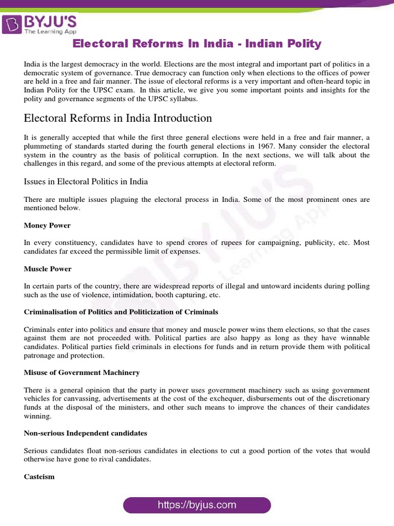 Electoral Reforms in India - Indian Polity | PDF | Elections | Postal ...