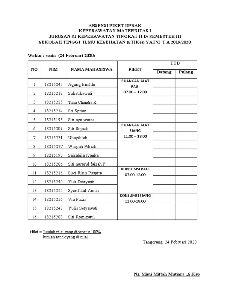 Absensi Piket Uprak TK2D | PDF