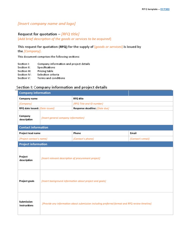 Request For Quotation - : (Insert Company Name and Logo) (RFQ Title) | PDF | Specification ...