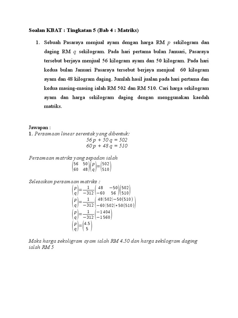 Soalan KBAT Ting 5 Bab 4 Matriks | PDF