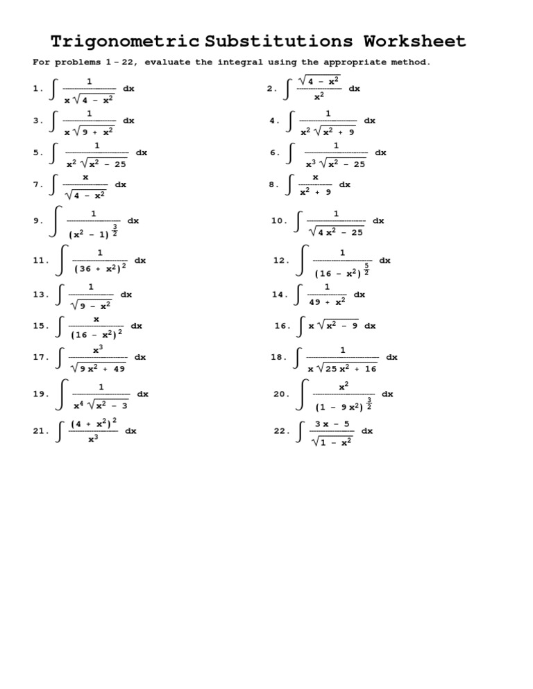 Trigonometric Substitutions Worksheet | PDF | Mathematical Analysis ...