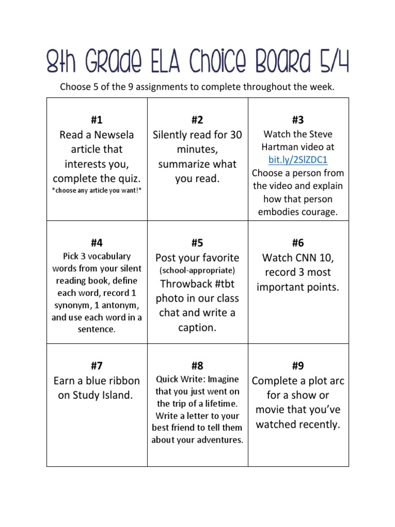 ELA Weekly Choice Board Assignments | PDF