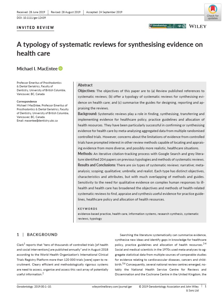 A Typology of Systematic Reviews For Synthesising Evidence On Health Care | PDF | Systematic ...