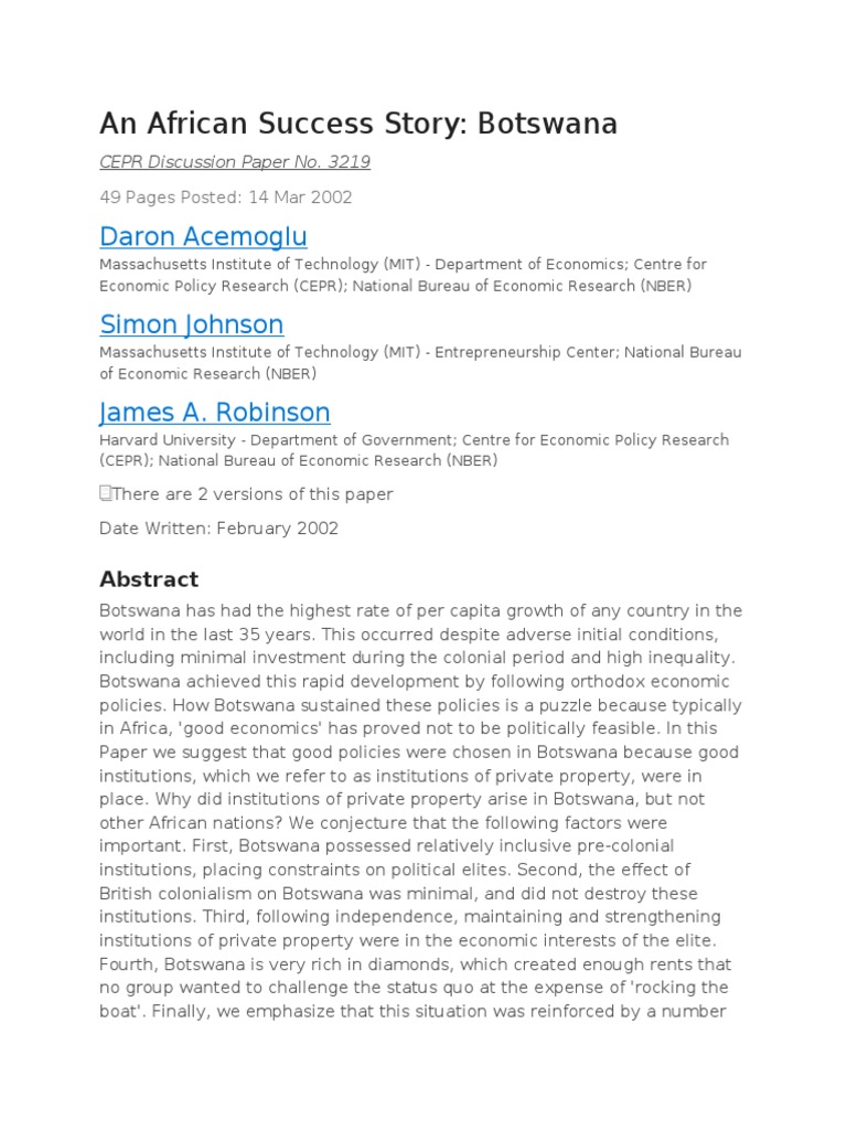 An African Success Story: Botswana: Daron Acemoglu Simon Johnson James ...