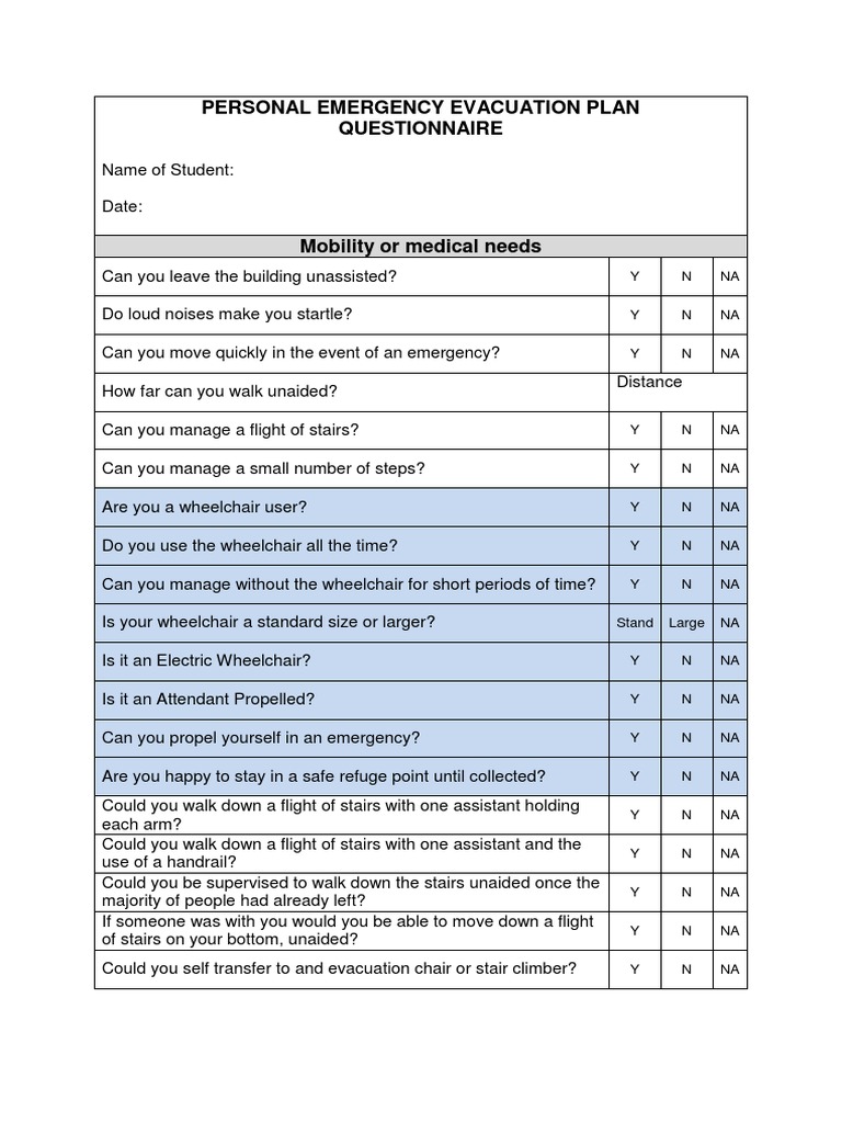 Personal Emergency Evacuation Plan Questionnaire: Y N NA | PDF ...