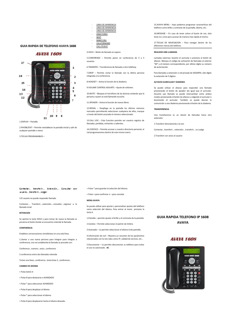 Guia Rapida de Telefono Avaya 1608 | PDF | Teléfono | Electrónica