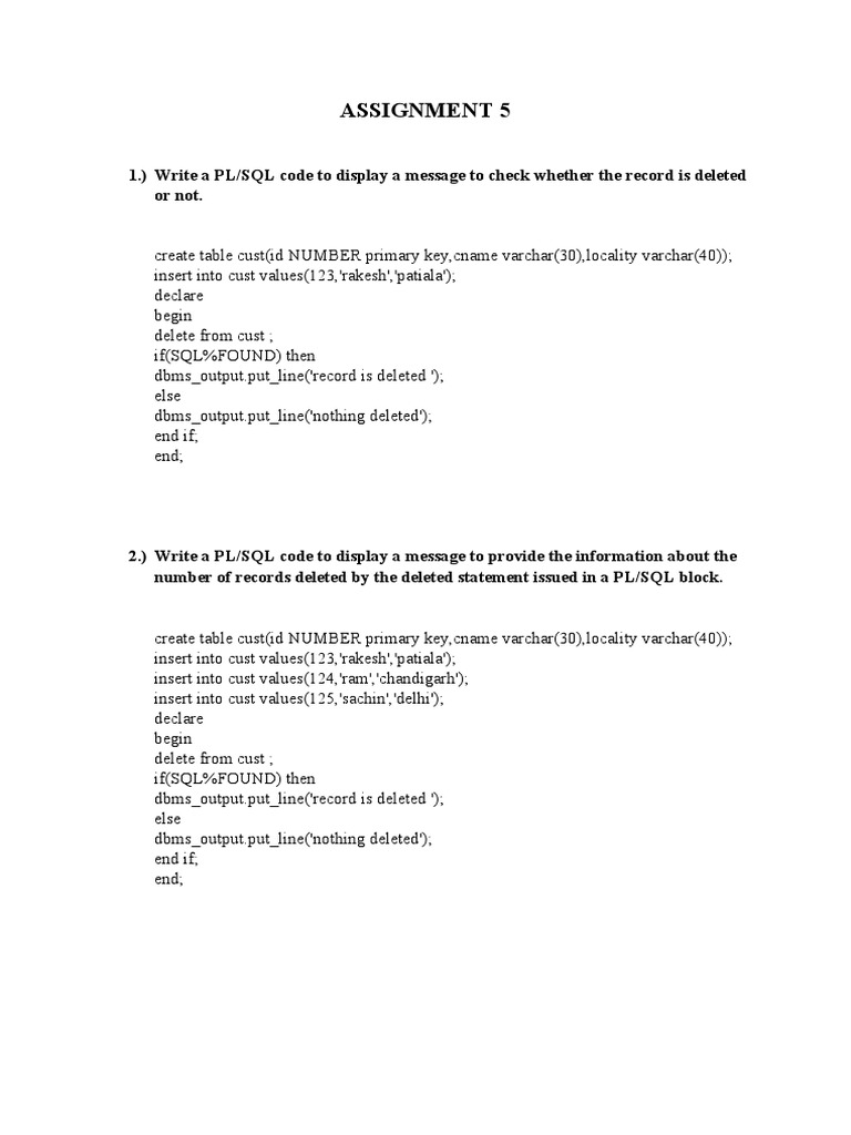 Assignment 5 1 Write A Plsql Code To Display A Message To Check Whether The Record Is
