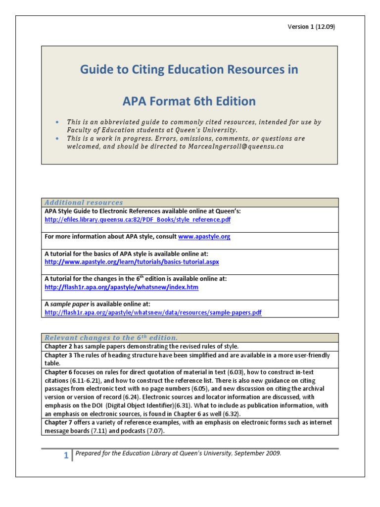 Guide To Citing Education Resources in APA Format 6th Edition ...