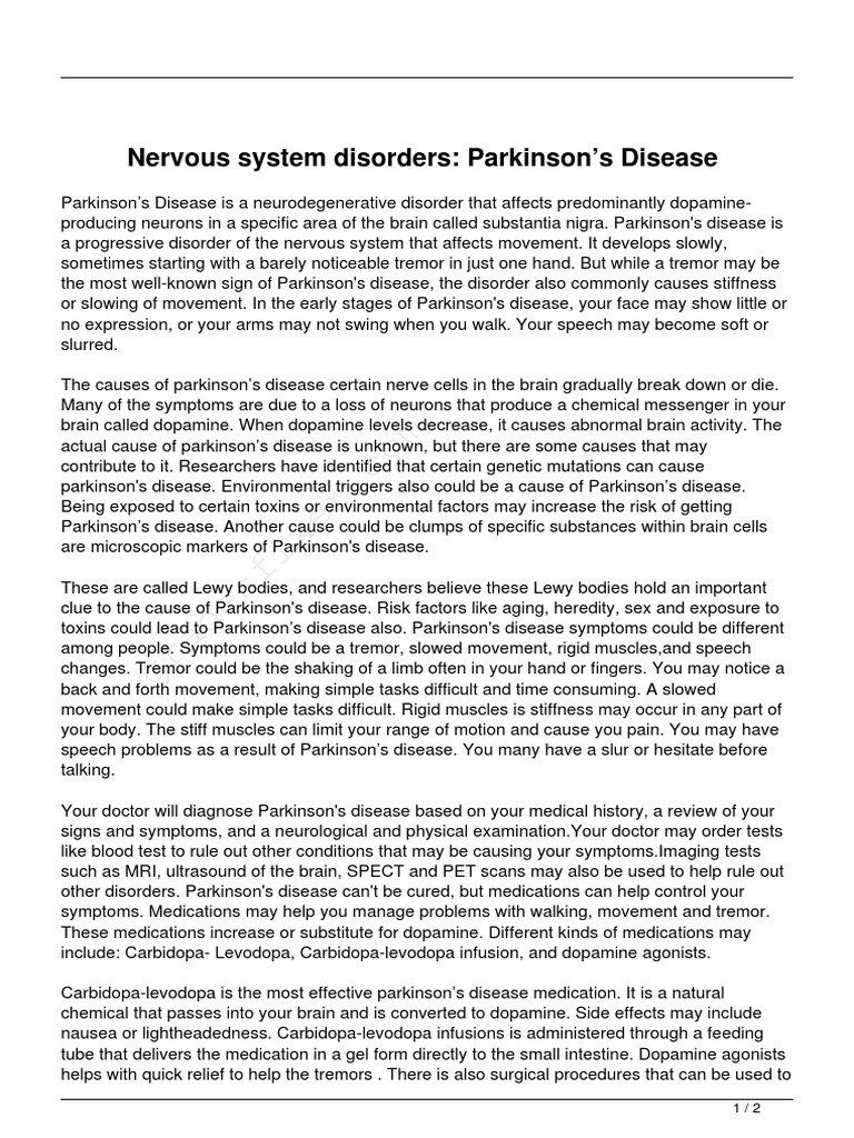 Nervous System Disorders Parkinsons Disease | PDF | Parkinson's Disease ...