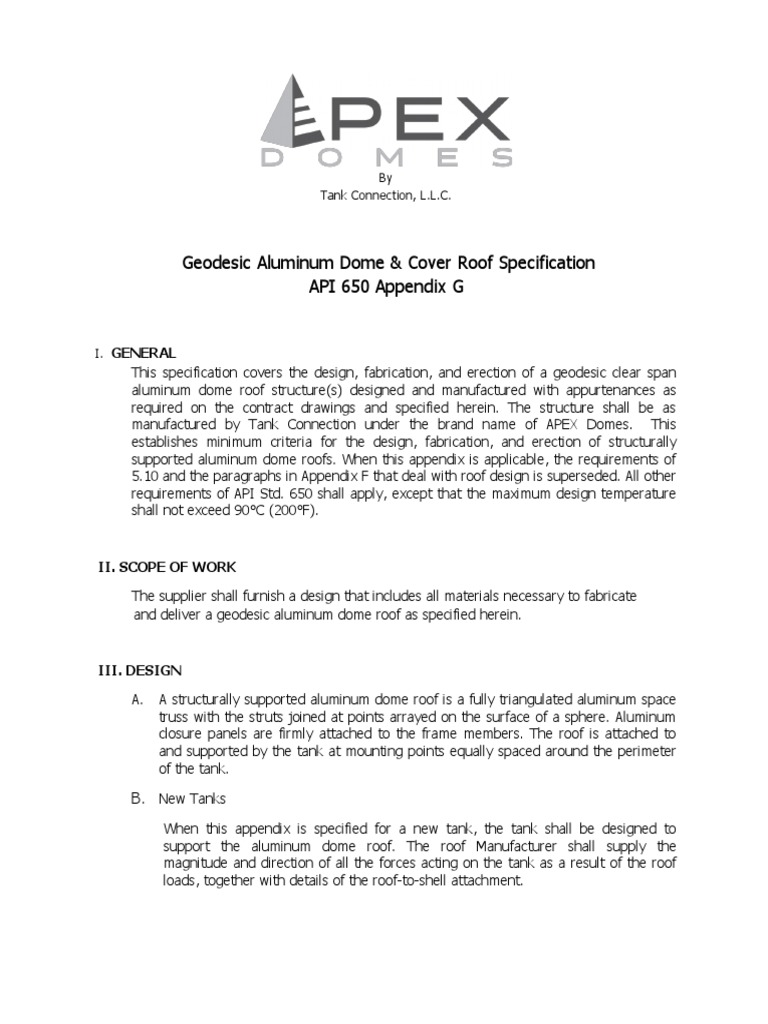 Geodesic Aluminum Dome & Cover Roof Specification API 650 Appendix G ...