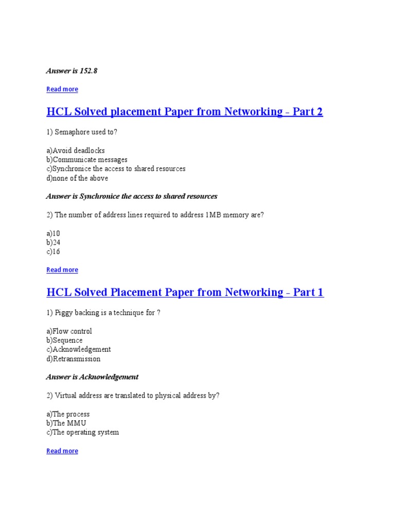 Hcl Solved Placement Paper From Networking Part 2 Answer Is 1528 Pdf Pointer Computer