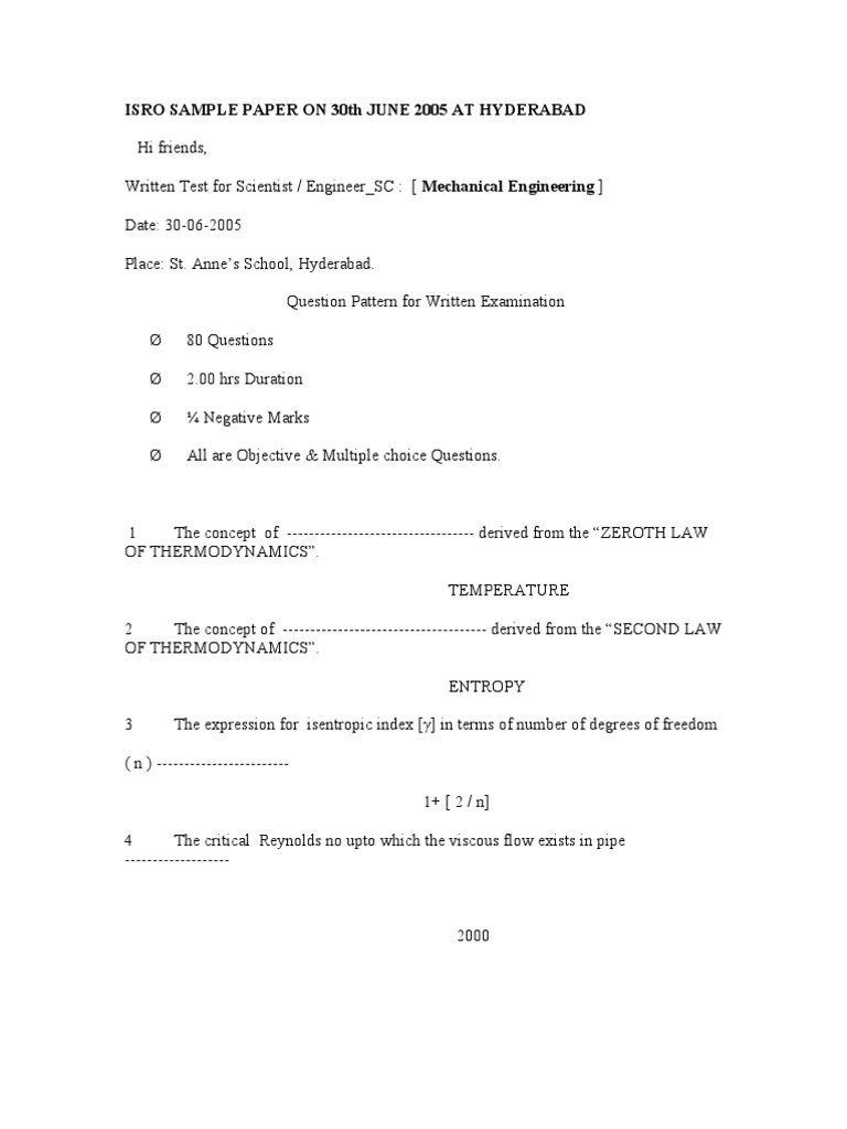 Isro Sample Paper On 30Th June 2005 at Hyderabad Hi Friends | PDF ...