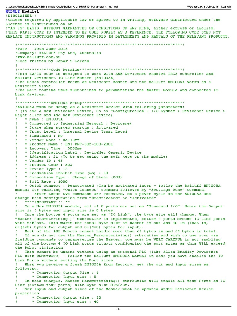 BalluffIOLinkRAPID Parameterising PDF | PDF | Parameter (Computer Programming) | Subroutine