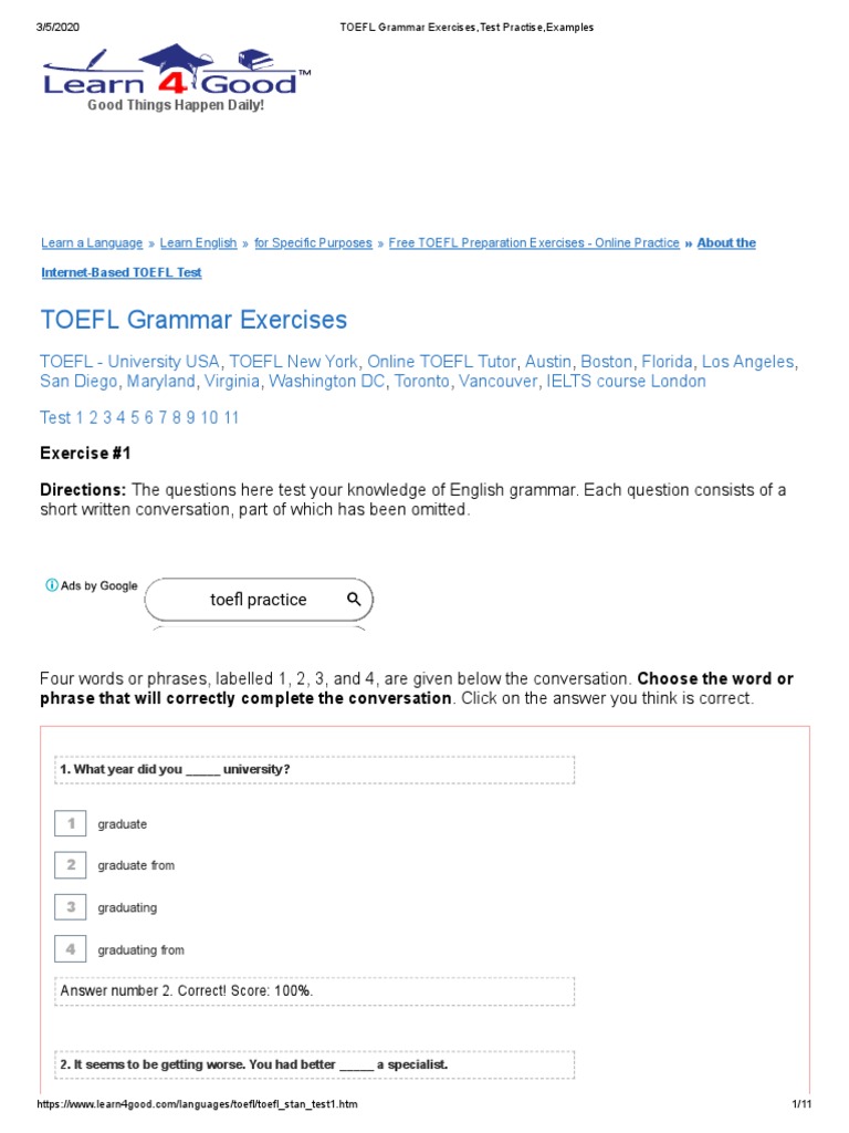 TOEFL Grammar Practice Exercises | PDF | Test Of English As A Foreign ...