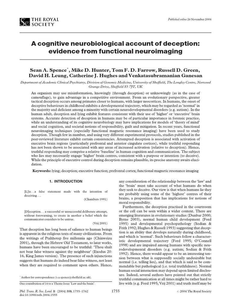 A Cognitive Neurobiological Account of Deception: Evidence From ...