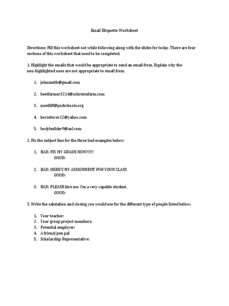 Email Etiquette Worksheet for Students | PDF