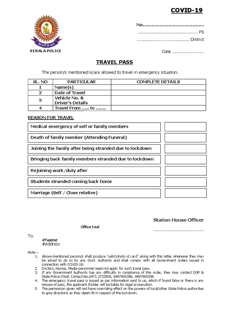 Emergency Travel Pass Format Kerala | PDF | Justice | Crime & Violence