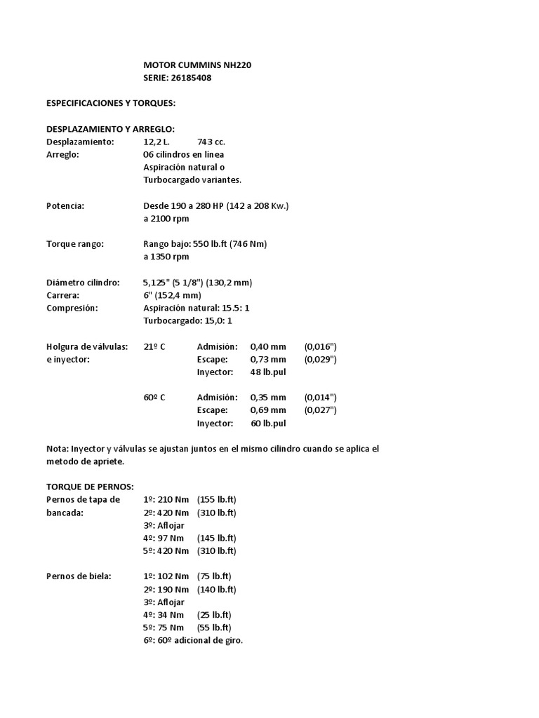 Cummins NH220 Especificaciones | PDF