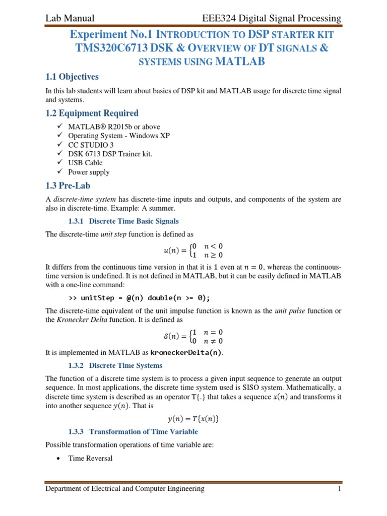 Experiment No.1 I DSP TMS320C6713 DSK & O DT & Matlab: Lab Manual EEE324 Digital Signal ...
