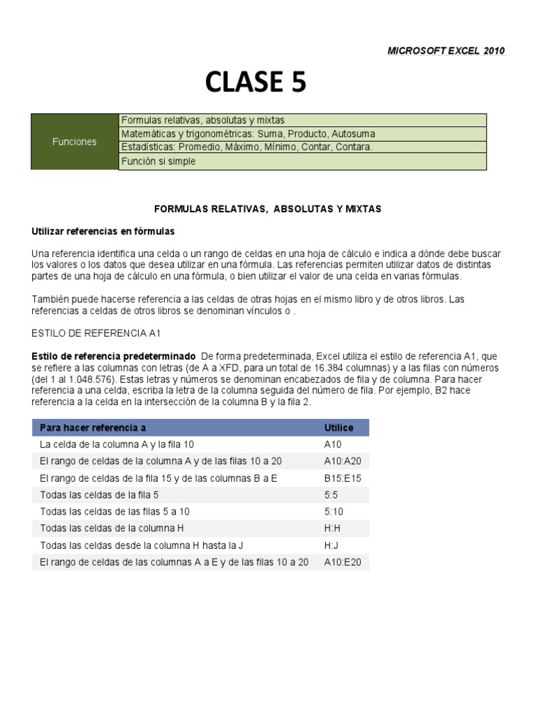 CLASE 5 Excel Basico | PDF | Hoja de cálculo | Fórmula