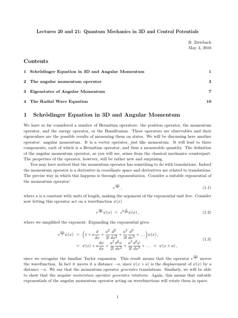 Lectures 20 and 21: Quantum Mechanics in 3D and Central Potentials ...