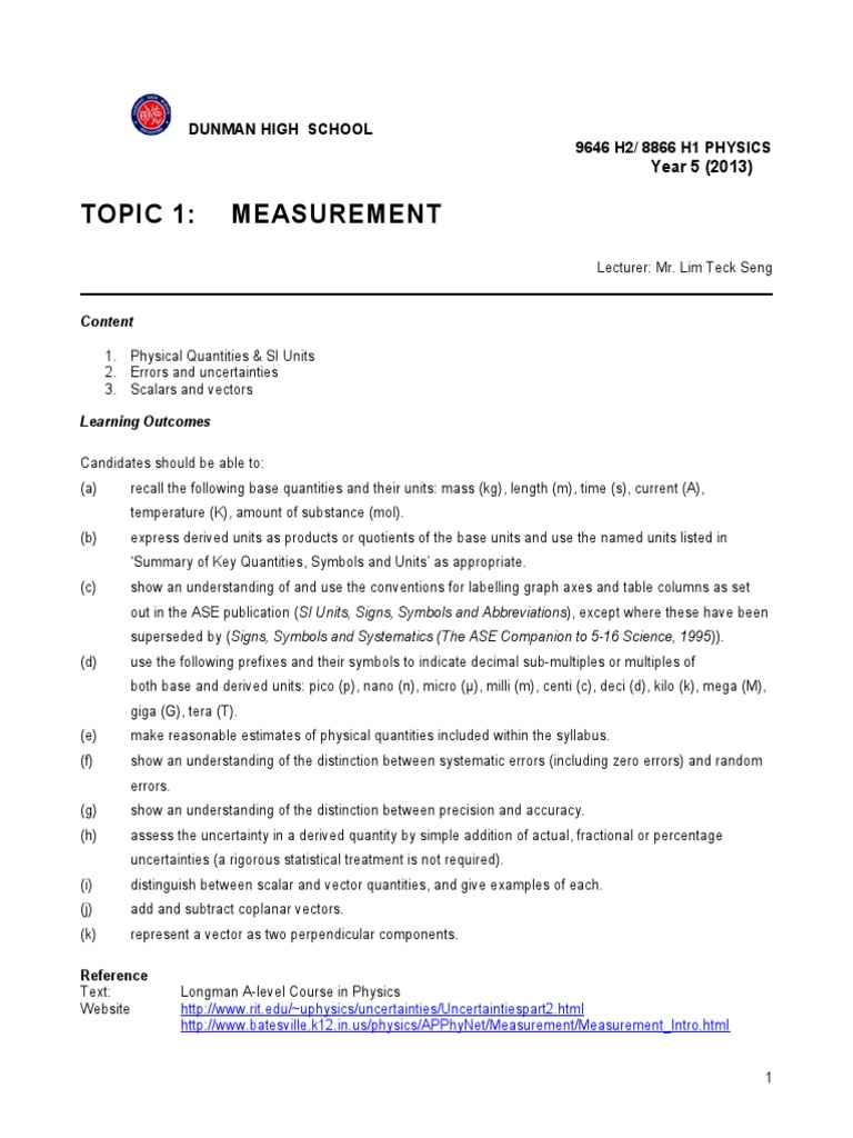 Measurement Lecture Notes h2 Physics | PDF | Observational Error ...
