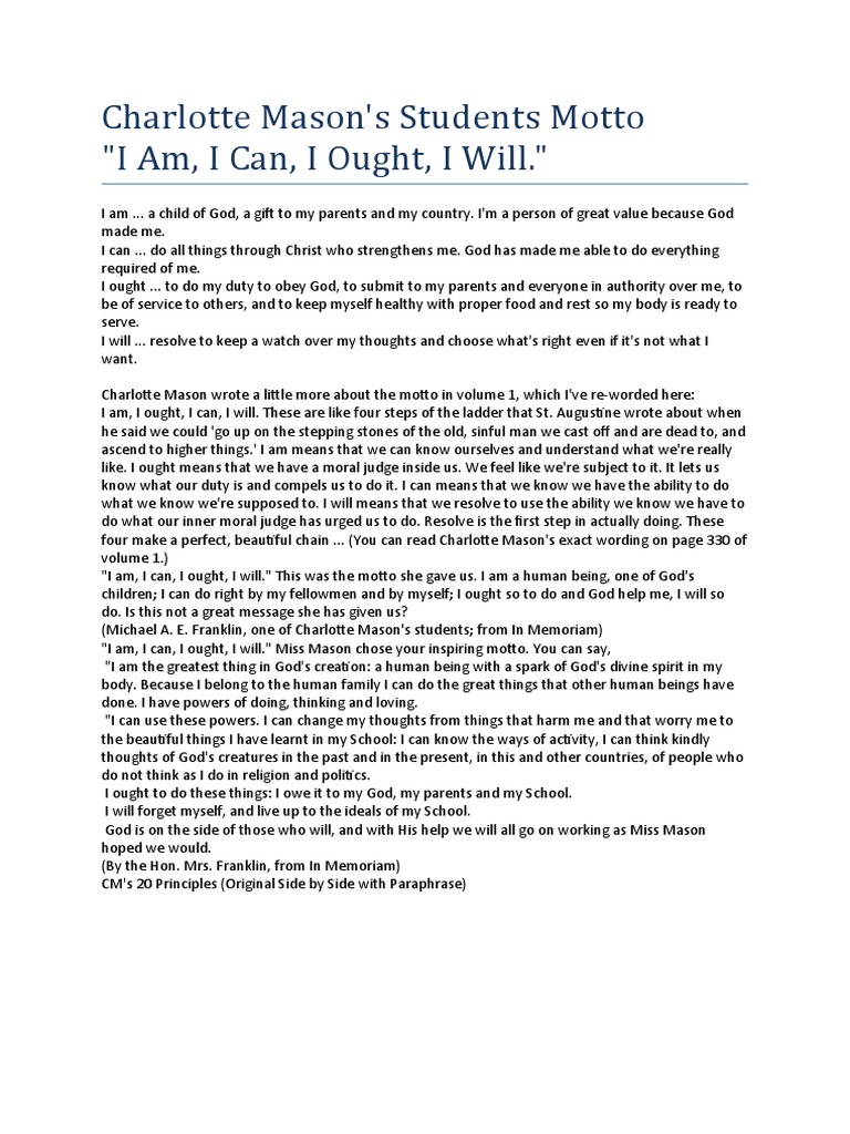 Charlotte Mason's Students Motto "I Am, I Can, I Ought, I Will." | PDF ...