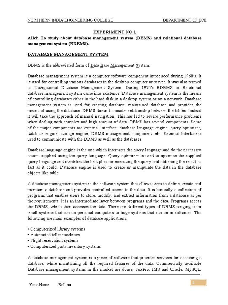 DBMS and RDBMS Experiment | PDF | Relational Database | Databases