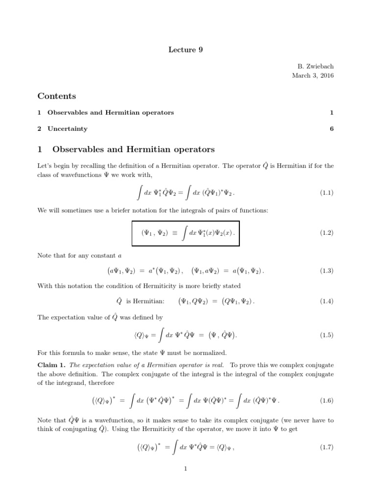 The Expectation Value Of A Hermitian Operator Is Real Pdf Wave Function Eigenvalues And